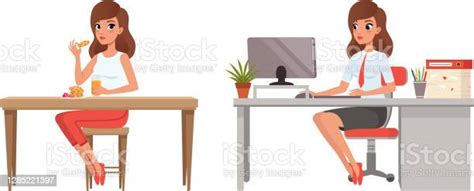 아침 식사를하고 그녀의 사무실 세트에서 노트북 컴퓨터와 함께 작업 하는 소녀 젊은 여자 활동 및 매일 일상적인 만화 벡터 일러스트 사무실에 대한 스톡 벡터 아트 및 기타