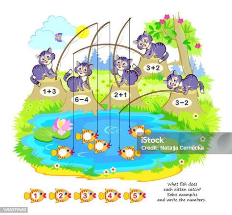 어린이를 위한 수학 교육 각 새끼 고양이는 어떤 물고기를 잡습니까 예를 풀고 숫자를 씁니다 어린이를 위한 교육 페이지입니다 학교 통합 문서에 대한 인쇄 가능한 워크시트입니다