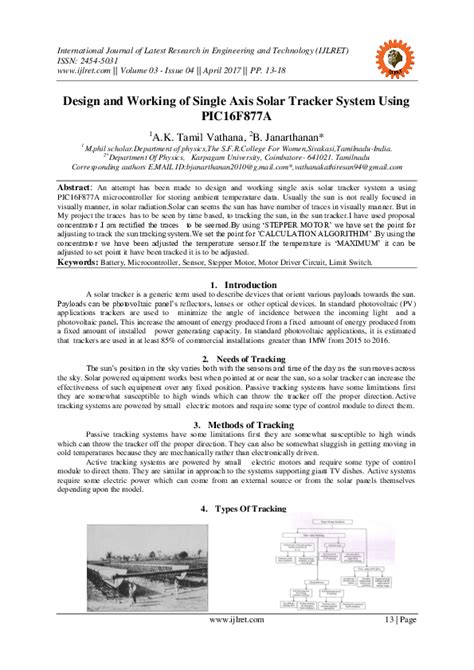 Pdf Design And Working Of Single Axis Solar Tracker System Using
