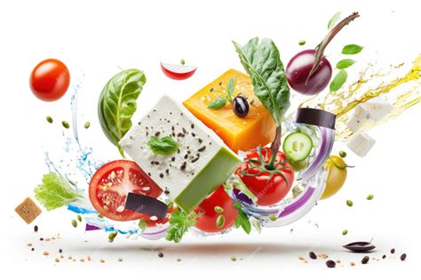 Premium Ai Image Greek Salad Ingredients Flying Isolated On White