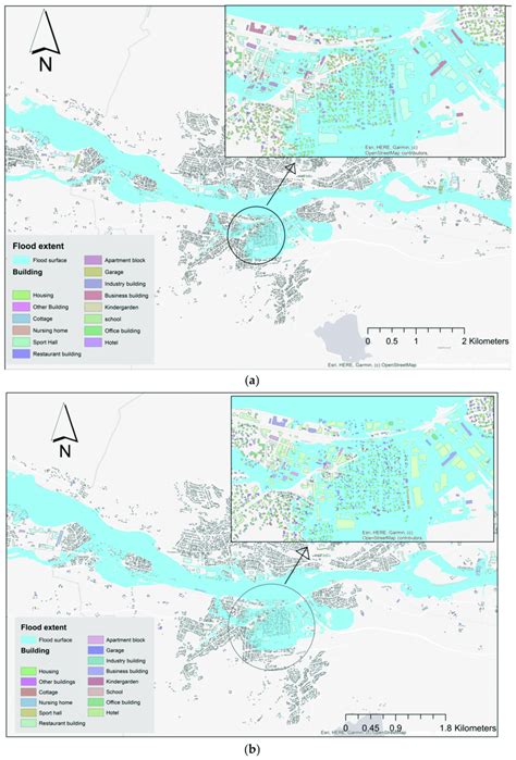 Flood Inundation Map A Q200 For Current Climate Scenario And B Download Scientific