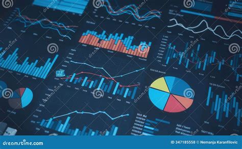 Digital Graphic Featuring Multiple Charts And Data Visualizations On Dark Background Stock