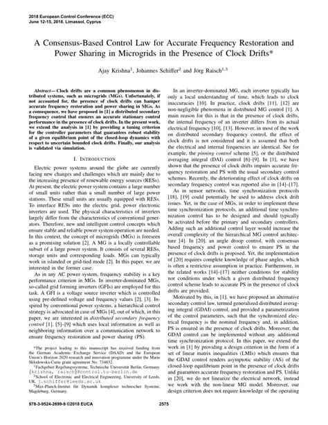 Pdf A Consensus Based Control Law For Accurate Frequency Restoration