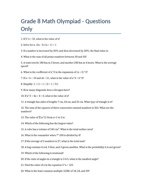 Grade 8 Math Olympiad Questions Only Pdf