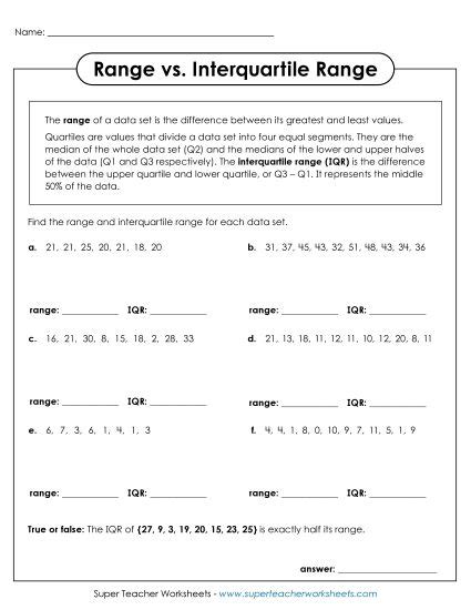 Range Vs Interquartile Printable Statistics Plain Data Sets Pdf Worksheet
