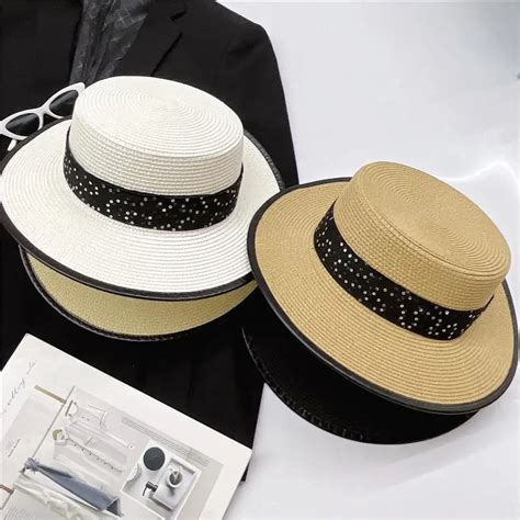 여성용 비치 모자 스팽글 리본 액세서리 럭셔리 디자이너 브랜드 파나마 그늘 밀짚 모자 여름 Uv 보호 선 바이저 모자 Aliexpress