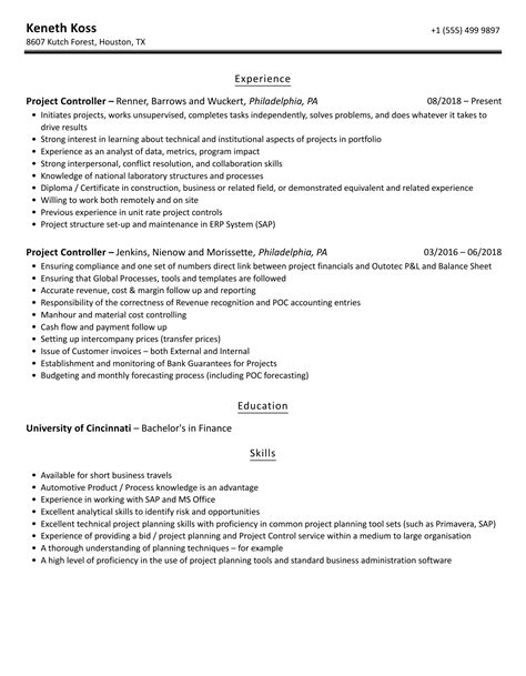 Project Controller Resume Samples Velvet Jobs