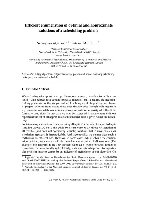 Pdf Efficient Enumeration Of Optimal And Approximate Solutions Of A Scheduling Problem