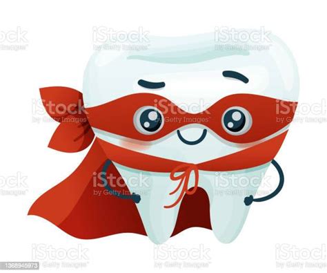 빨간 망토와 마스크귀여운 행복 치아 슈퍼 히어로 캐릭터 구강 관리 입 위생 치아 복원 개념 만화 벡터 일러스트 만화에 대한 스톡