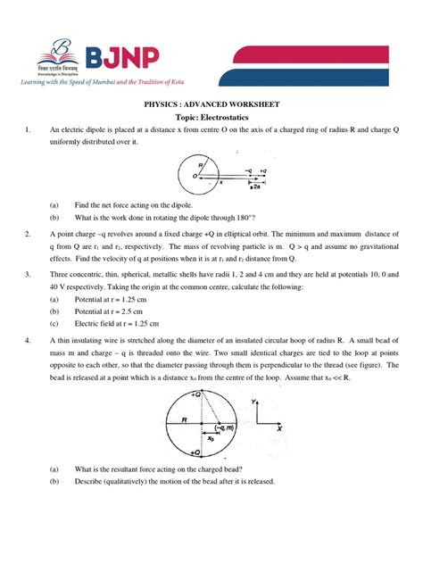 Physics Electrostatics Advance Worksheet Pdf Rotation Around A