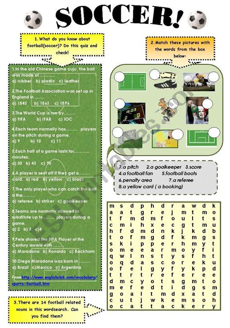 English Worksheets SOCCER Vocabulary And Reading Comprehension Set Pages Answer Keys