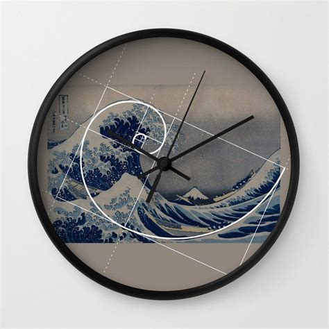 Hokusai Meets Fibonacci Wall Clock By SymbolGrafix Black Black Wind Wave Fibonacci Hokusai