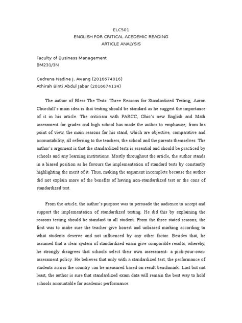 Elc501 Article Analysis Final Pdf Standardized Tests Argument