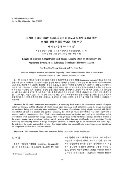 침지형 분리막 생물반응기에서 미생물 농도와 슬러지 부하에 따른 미생물 활성 변화와 막오염 특성 연구 Koreascholar