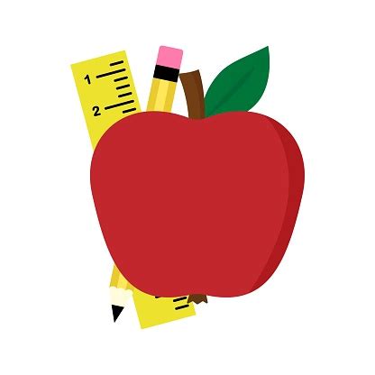 Vector School Illustration With Apple Pencil Or Crayon Line Isolated On