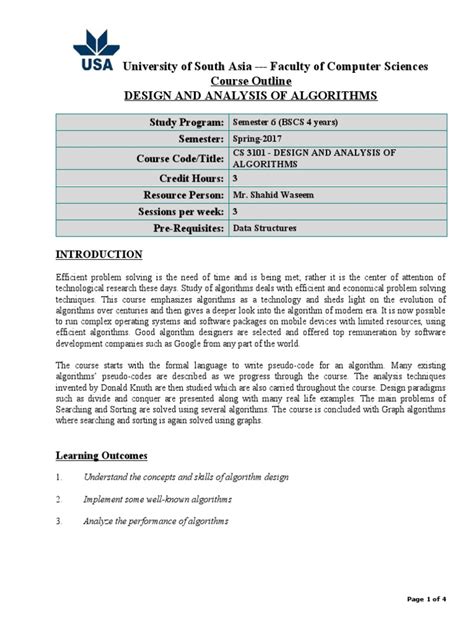 University Of South Asia Faculty Of Computer Sciences Course Outline Design And Analysis Of