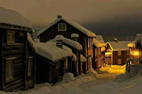 Norway Winter Wonderland Snowy Street At Night Snowy Cabin Village