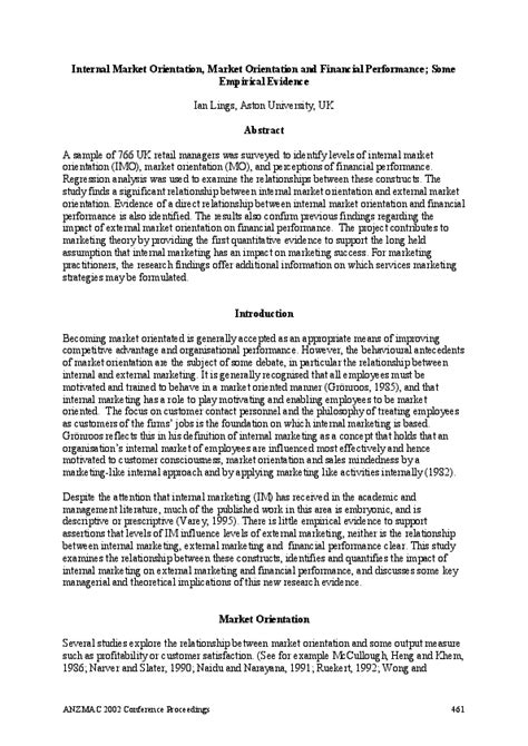 Pdf Internal Market Orientation Market Orientation And Financial