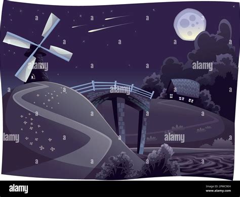 Countryside With Windmill In The Night Vector And Cartoon Landscape Objects Isolated Stock