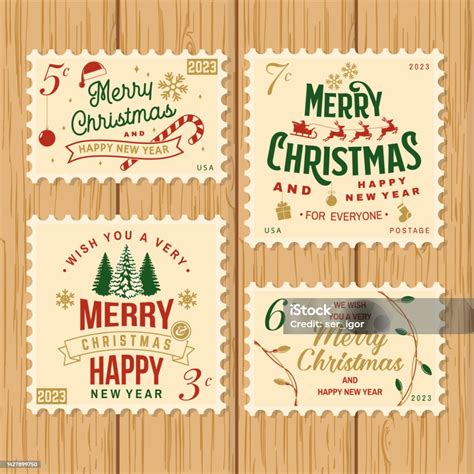 메리 크리스마스와 2023 해피 뉴 이어 복고풍 우표 세트와 눈송이 눈사람 산타 클로스 사탕 달콤한 사탕 벡터 Xmas를위한 빈티지 타이포그래피 디자인 새해 엠블럼