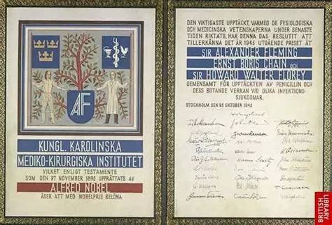 【诺贝尔奖获奖证书】—— 青霉素的发现者亚历山大·弗莱明、柴恩和佛罗里的证书，治病救人的医学的标志在右上角，一边是医生、一边是士兵——二战的