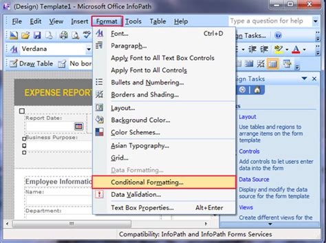 where is conditional formatting in infopath 2010 2013 2016 2019 and 365