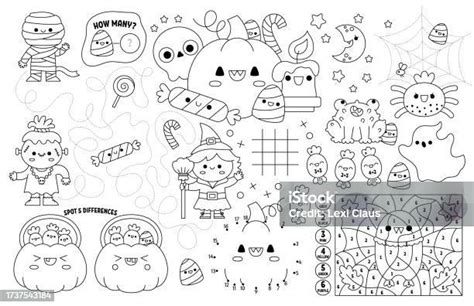 아이들을 위한 벡터 카와이 할로윈 플레이스매트 미로가 있는 가을 휴가 인쇄 가능한 활동 매트 Tic Tac Toe 차트 점을 연결하고 차이점을 찾습니다 흑백 가을 놀이 매트