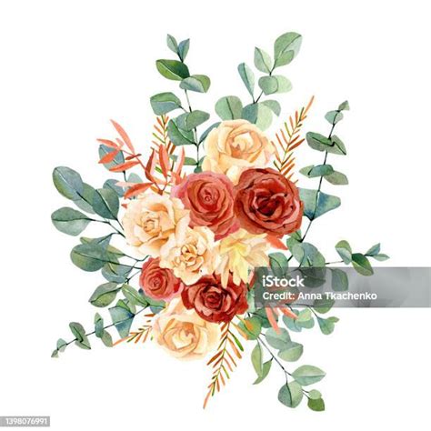 수채화 꽃다발 빨간색과 복숭아 꽃 장미와 모란 유칼립투스 잎 결혼식 초대장 신부 샤워 베이비 샤워를위한 가을 꽃 디자인 꽃 식물에 대한 스톡 벡터 아트 및 기타 이미지