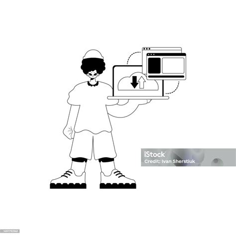 데이텀을 동기화하는 브라우저를 사용하는 Man 입니다 클라우드 창고 타이포그래피 해적판과 잿빛 색조 작품 트렌디한 스타일 벡터