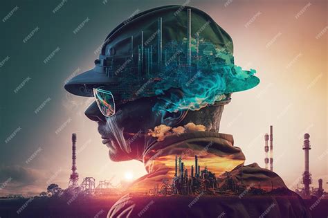 에너지 부문 및 미래 제조의 개념적 그래픽 디자인 이중 노출 아트워크를 통해 석유 가스 및 석유화학 정유 시설은 전력의 미래를
