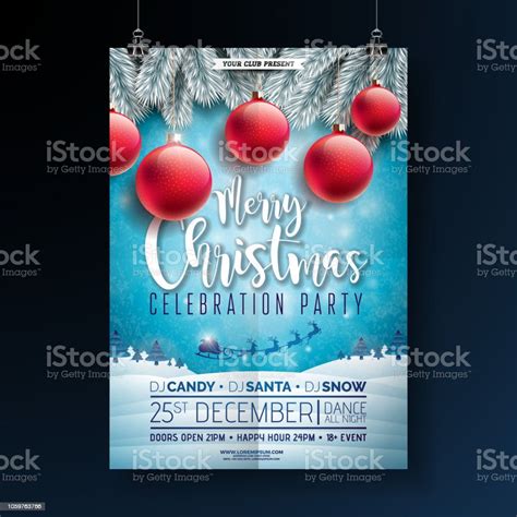 겨울 풍경 배경 휴가 요소 및 타이포 그래피 레터링와 크리스마스 파티 전단지 그림 초대 또는 배너 벡터 축제 포스터 디자인