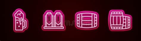 Vaste Lijn Houten Bier Mug Bierbrouwproces Vat En Gloeiend Neonpictogram Vector Vector