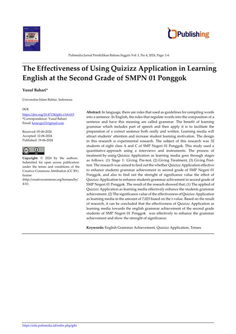 pdf effectiveness of using quizizz application in learning english at