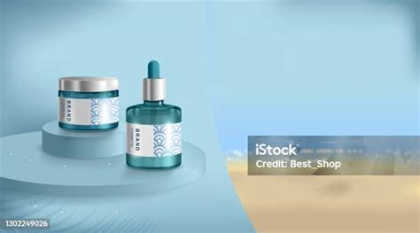 선스크린 크림과 스프레이 광고 해변과 바다에서 화장품 튜브와 현실적인 병 브랜딩 및 패키징 디자인 템플릿 벡터 일러스트레이션 3차원 형태에 대한 스톡 벡터 아트 및 기타