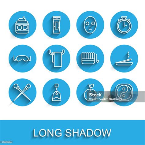 세트 라인 뜨개질 바늘 티백 크림 또는 로션 화장품 튜브 사과 음양 수건 걸이 향기로운 스파 스틱 및 사우나 버킷과 국자 아이콘 벡터 가방에 대한 스톡 벡터 아트 및 기타