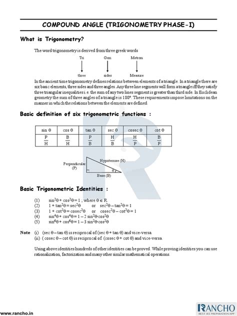 Compound Angle Trigonometry Phase I Chapter Notes Pdf