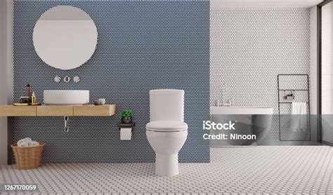 미니멀 한 화장실 육각 타일이 있는 현대적인 스타일 디자인 흰색 욕조와 분지3d 렌더링 0명에 대한 스톡 사진 및 기타 이미지 Istock