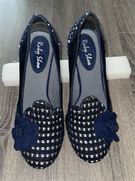 Ruby Shoo Pumps Blue And White Tweed And Velvet With Beautiful Flower