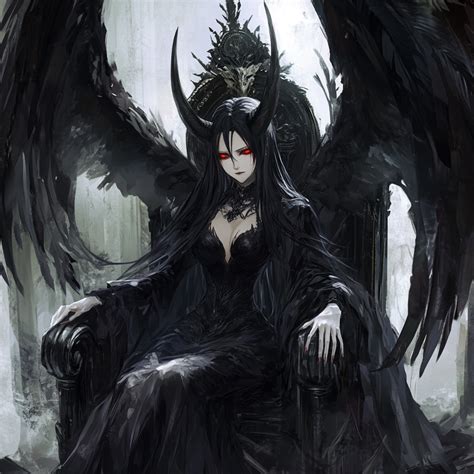 긴 검은 생머리와 빨간 눈동자 하얀 피부를 가지고 있고 길고 검은 망토가 달린 긴 검은 예복를 입고있고 크고 화려한 검은색 왕관에 크고 웅장한 검은색 왕좌에 앉아있고