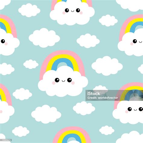 완벽 한 패턴입니다 구름 무지개입니다 웃 긴 얼굴 머리 귀여운 만화 귀 엽 다 재미 아기 캐릭터 아이 들 장식입니다 포장지 섬유 템플릿 보육 장식 파란색 배경입니다 평면