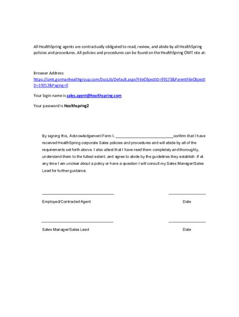 Healthspring Agent Acknowledgement Form Policy And Blank Fillable