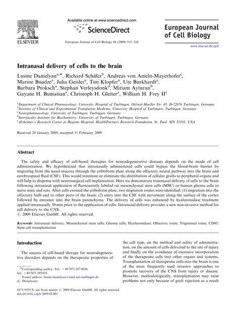 Pdf Intranasal Delivery Of Cells To The Brain