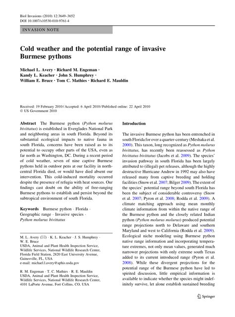 Pdf Cold Weather And The Potential Range Of Invasive Burmese Pythons