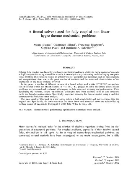 Pdf A Frontal Solver Tuned For Fully Coupled Non Linear Hygro Thermo