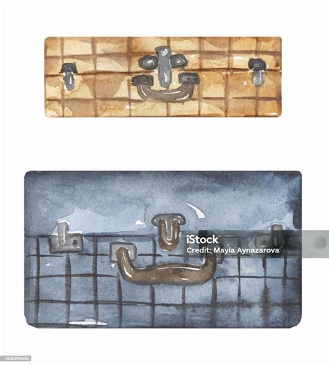 수채화 여행 가방 클립 아트 세트 여행 케이스 오래된 가죽 갈색과 파란색 여행 가방 그림 빈티지 복고풍 엽서에 대한 스케치입니다 복고풍 인테리어 가방에 대한 스톡 벡터 아트