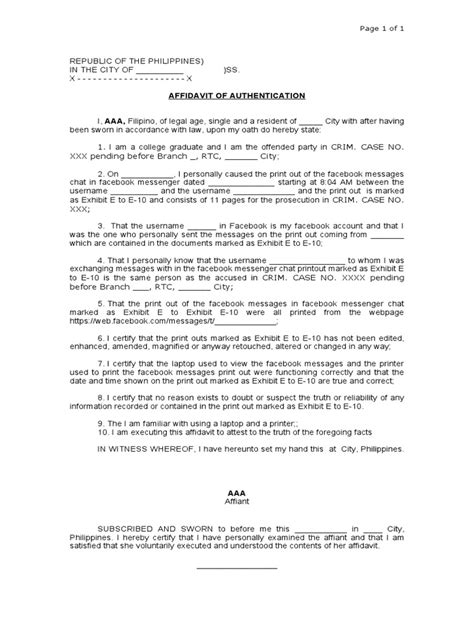 Affidavit Of Authentication In Compliance With Rules On Electronic