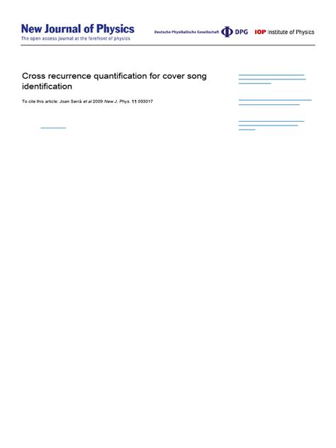 2009 Cross Recurrence Quantification For Cover Song Identification Pdf