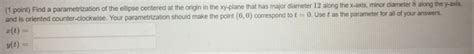 solved find a parametrization of the ellipse centered at the