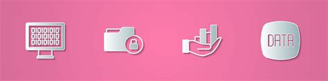 Set Paper Cut Binary Code Folder And Lock Pie Chart Infographic And Data Analysis Icon Paper Art