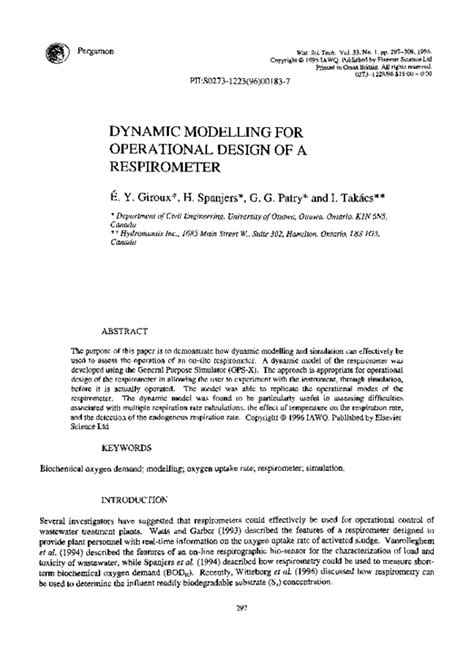 pdf dynamic modelling for operational design of a respirometer